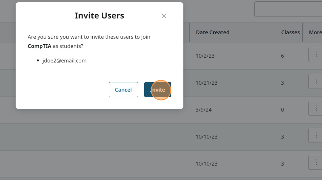 Invite a student to the Institution (via Students tab) – CompTIA
