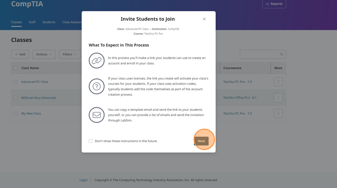 Step 3. Invite Students to Class with Licenses – CompTIA